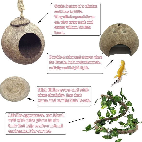 Reptile | Gecko Coconut Husk Hut Lizard Coco Den Leopard Gecko Tank ...